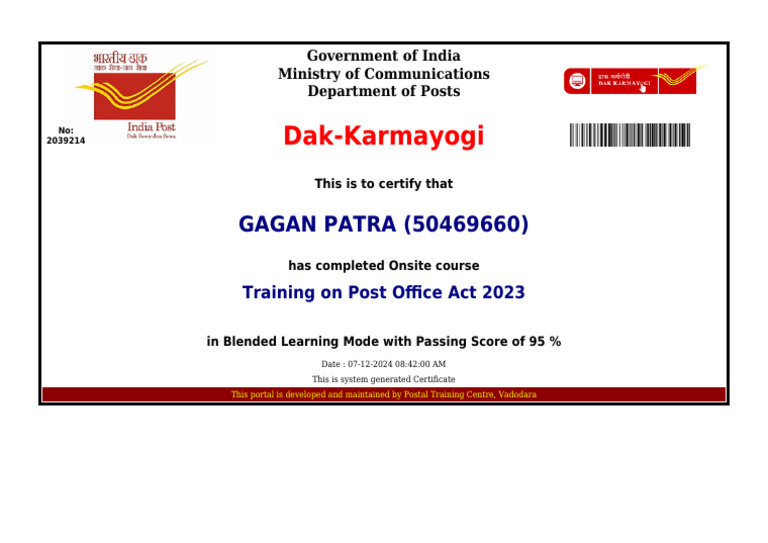 Certificate of Post Office Act Training | PDF