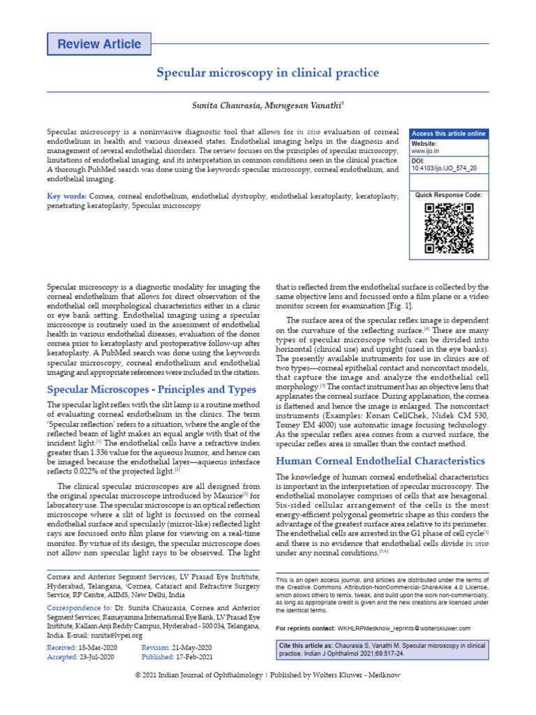 Specular Microscopy in Corneal Evaluation | PDF | Cornea | Ophthalmology