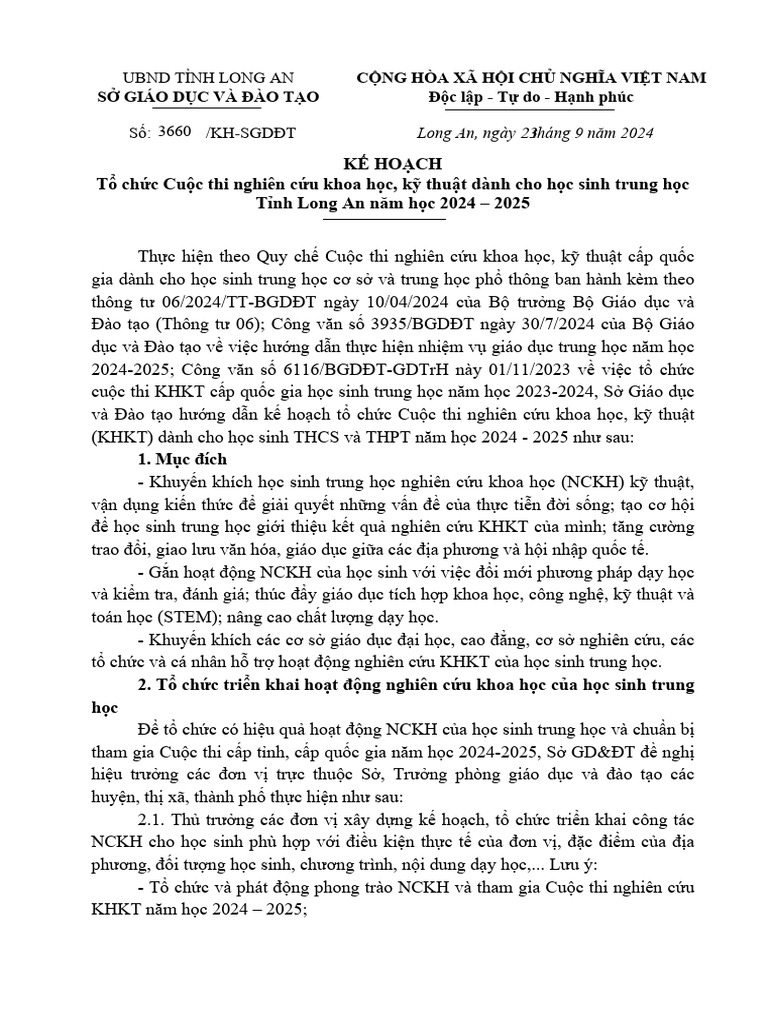 3660 - KH-SGDĐT - 23-09-2024 - Ke Hoach To Chuc Cuoc Thi KHKT 2024 - 2025.signed | PDF