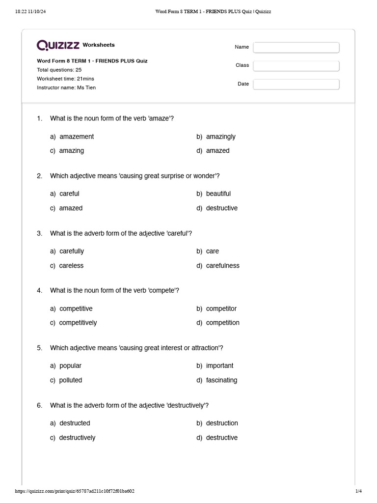 Word Form 8 TERM 1 - FRIENDS PLUS Quiz - Quizizz | PDF | Adverb | Adjective