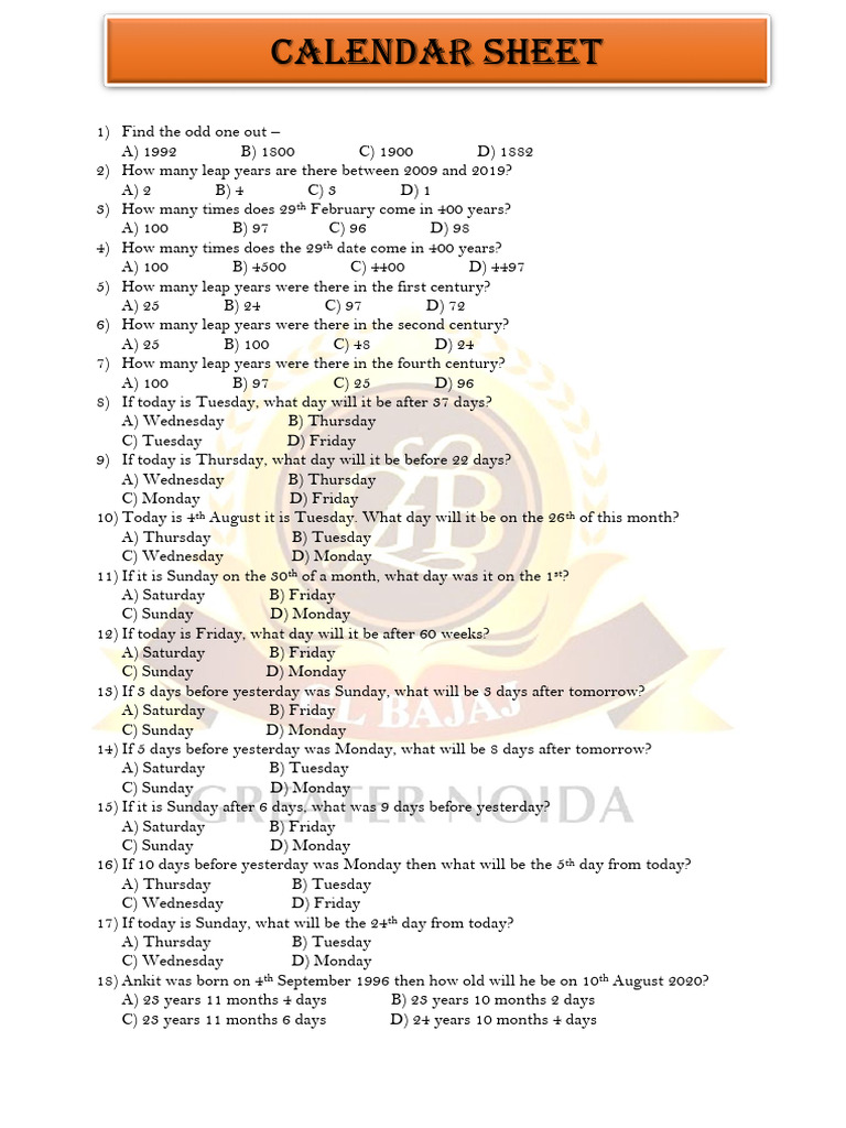 calendar worksheet | PDF