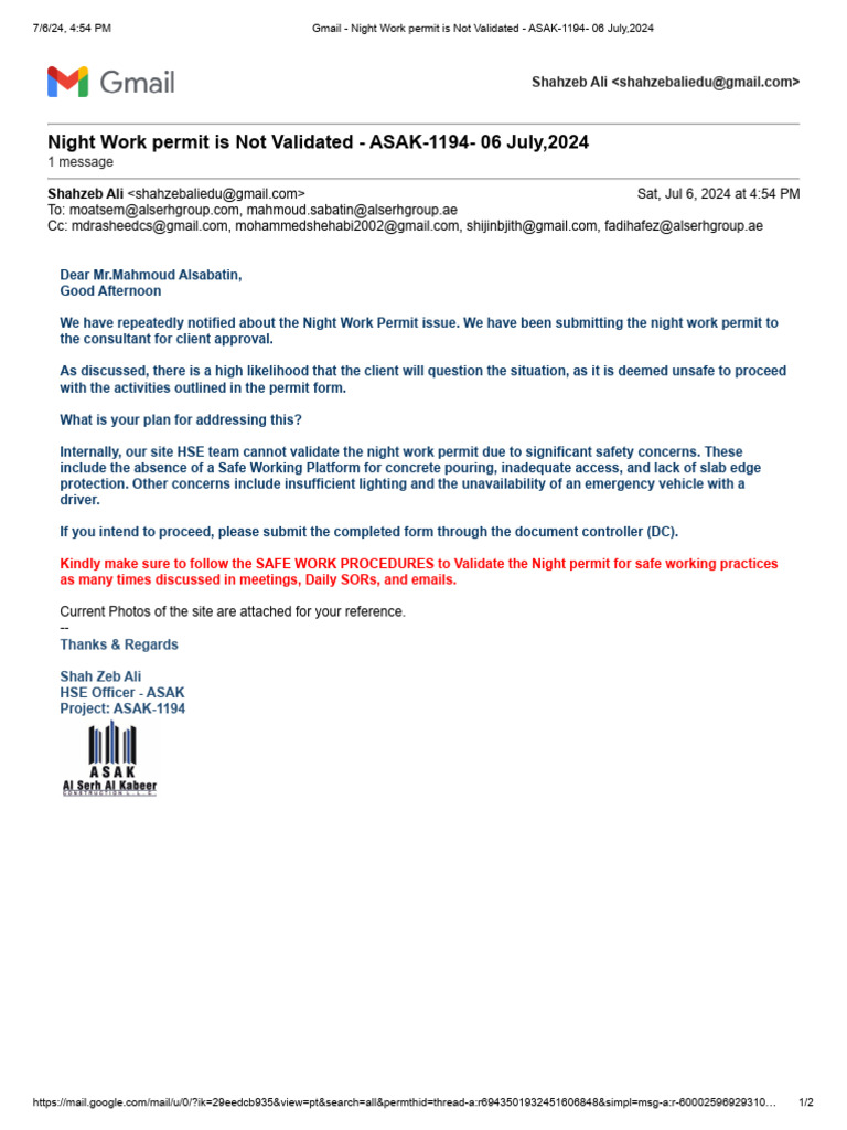 Night Work Permit Safety Issues | PDF