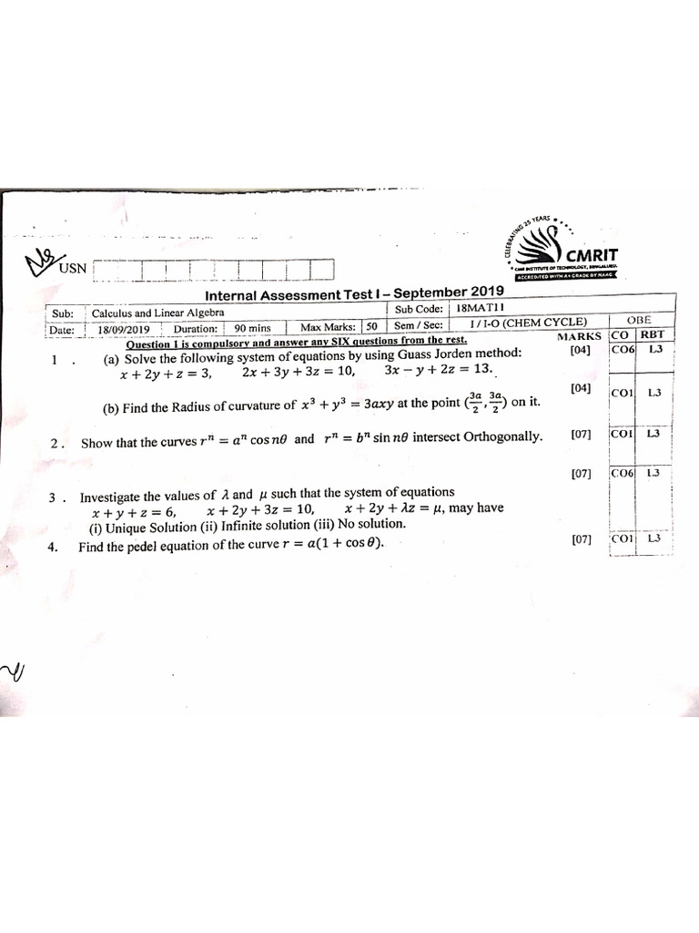 IAT-I Question Paper With Solution of 18MAT11 Calculus and Linear ...