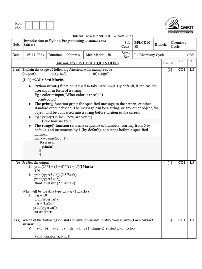 IAT-I Question Paper With Solution of BPLCK105B Introduction To Python Programming Nov-2023-Dr ...