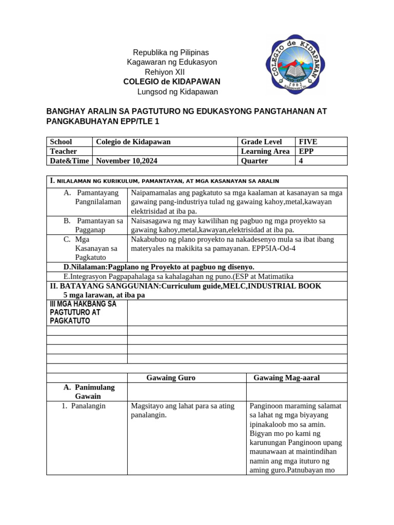 Lesson Plan Epp 5 1 1.Docx Matatag (1) | PDF Lesson Plan Epp 5 1 1.Docx Matatag (1) | PDF