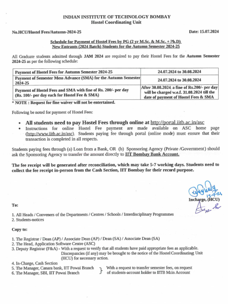 Hostel Fee Circular M.sc. For Autumn 2024-25 | PDF