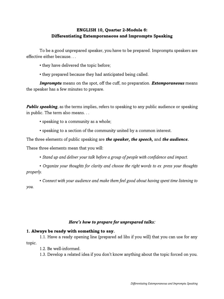 ENGLISH 10- Differentiating Extemporaneous and Impromptu Speaking | PDF ...