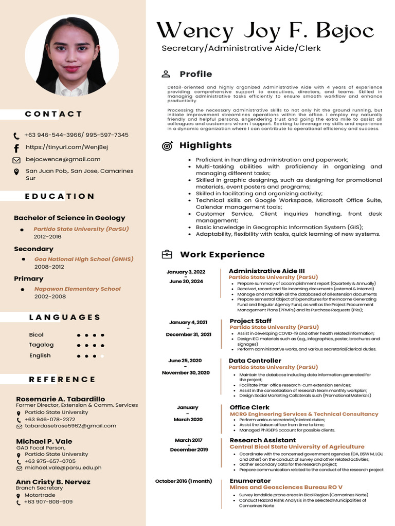 Comprehensive Resume of Wency Joy F. Bejoc | PDF | Esri