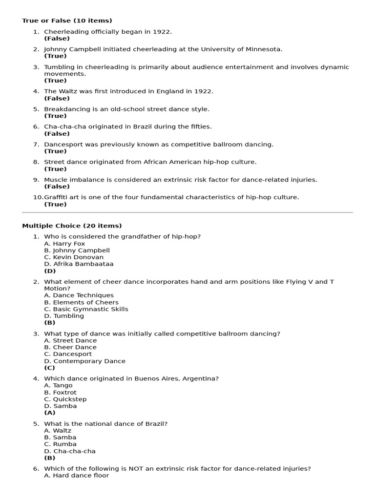 Cheerleading and Dance Trivia Quiz | PDF | Ballroom Dance | Dances