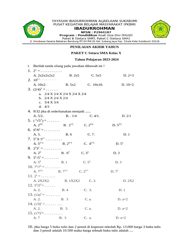 5_soal PAT Matematika Kelas X 1(1) | PDF