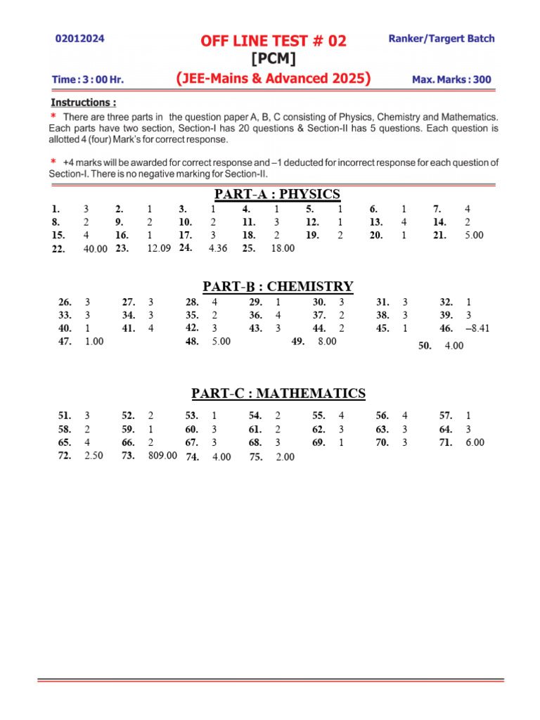 Answer PCM Test-02 (Ranker-Target) 02-12-2024 - 241206 - 023416 | PDF