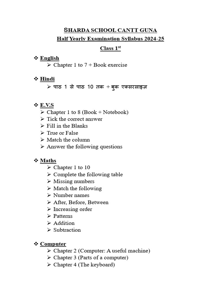 Class 1st Half Yearly Syllabus | PDF Class 1st Half Yearly Syllabus | PDF