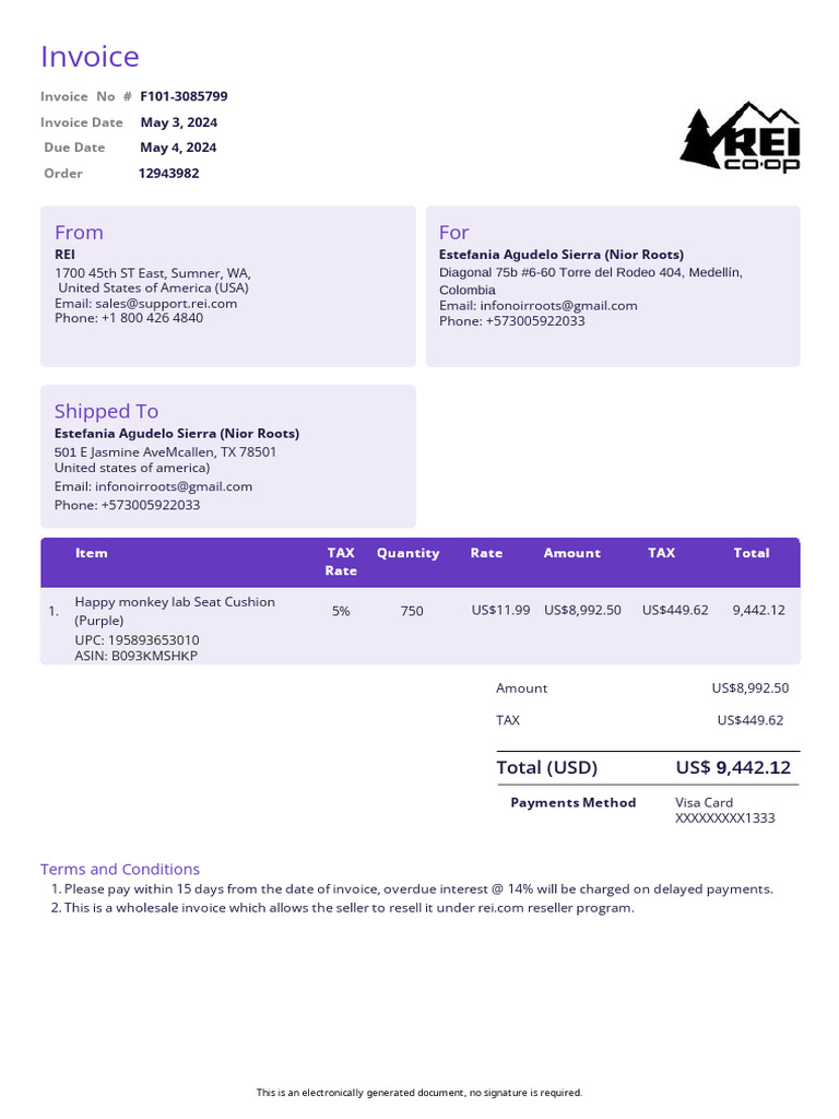 Wholesale Invoice for Seat Cushions | PDF