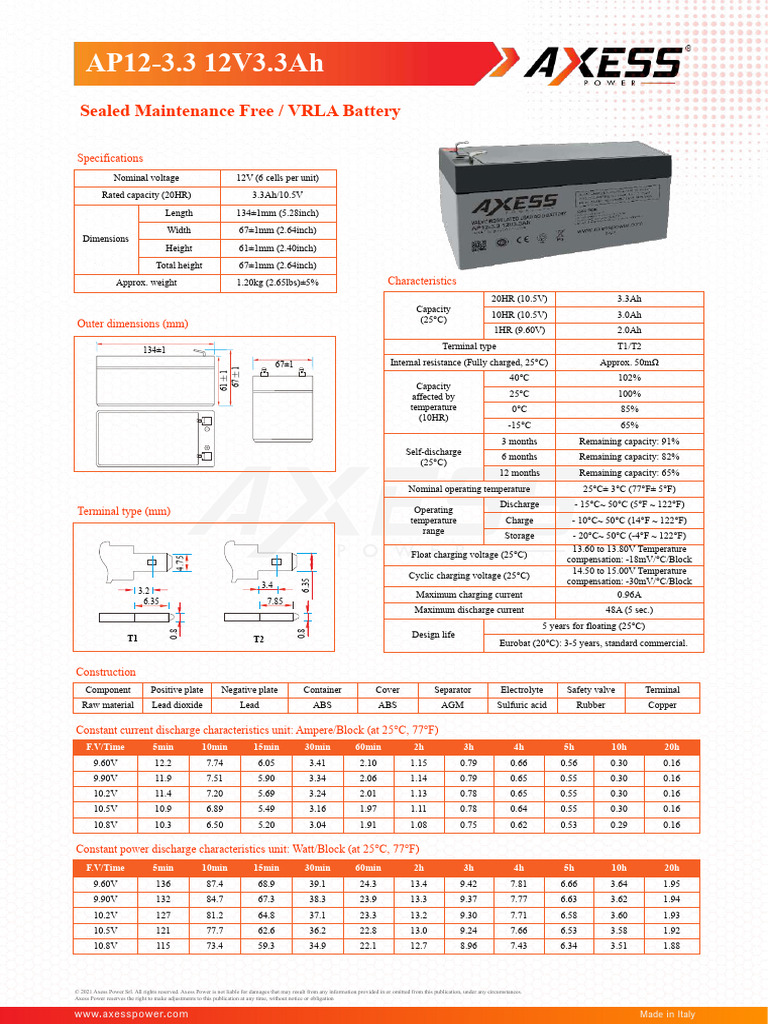 AP12V-3.3Ah-Axess-Power-Datasheet | PDF | Electricity | Electrical ...