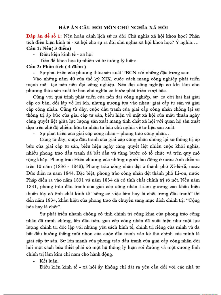 Cau Hoi On Tap Co Dap An Mon Chu Nghia Xa Hoi Khoa Hoc Truong Dai Hoc 77726 | PDF