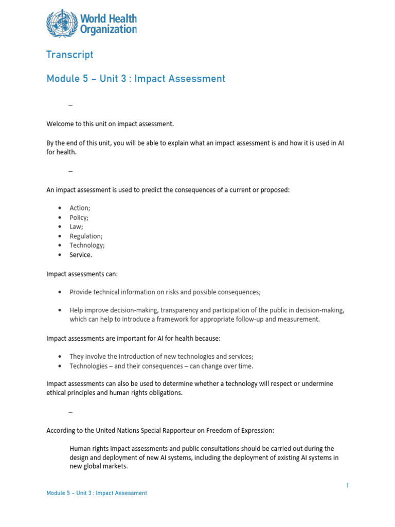 WHO EthicsAI Transcript Module5 Unit3 en v0.1 | PDF | Artificial Intelligence | Intelligence (AI ...