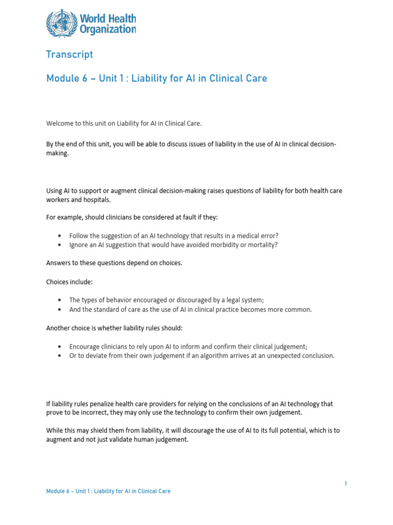 WHO EthicsAI Transcript Module6 Unit1 en v0.1 | PDF | Standard Of Care ...