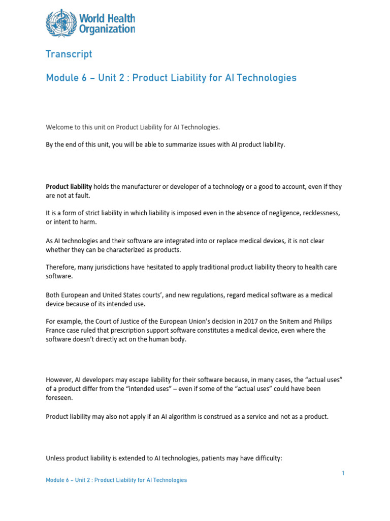 WHO EthicsAI Transcript Module6 Unit2 en v0.1 | PDF | Product Liability ...