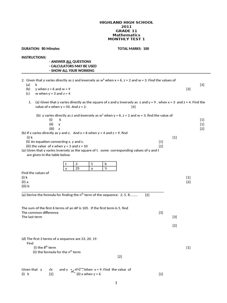 2011 - Grade 11 Term 1 Maths Test 1 | PDF | Mathematical Objects ...