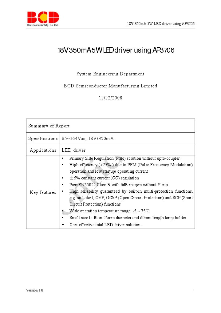 18V 350ma 5W LED Driver Using AP3706 | PDF | Power Supply | Rectifier