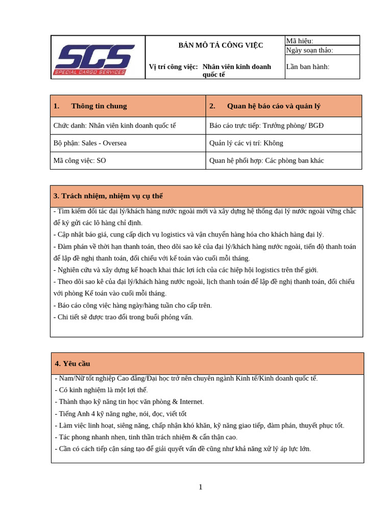 SCS - JD - Nhân Viên Sales - Oversea | PDF