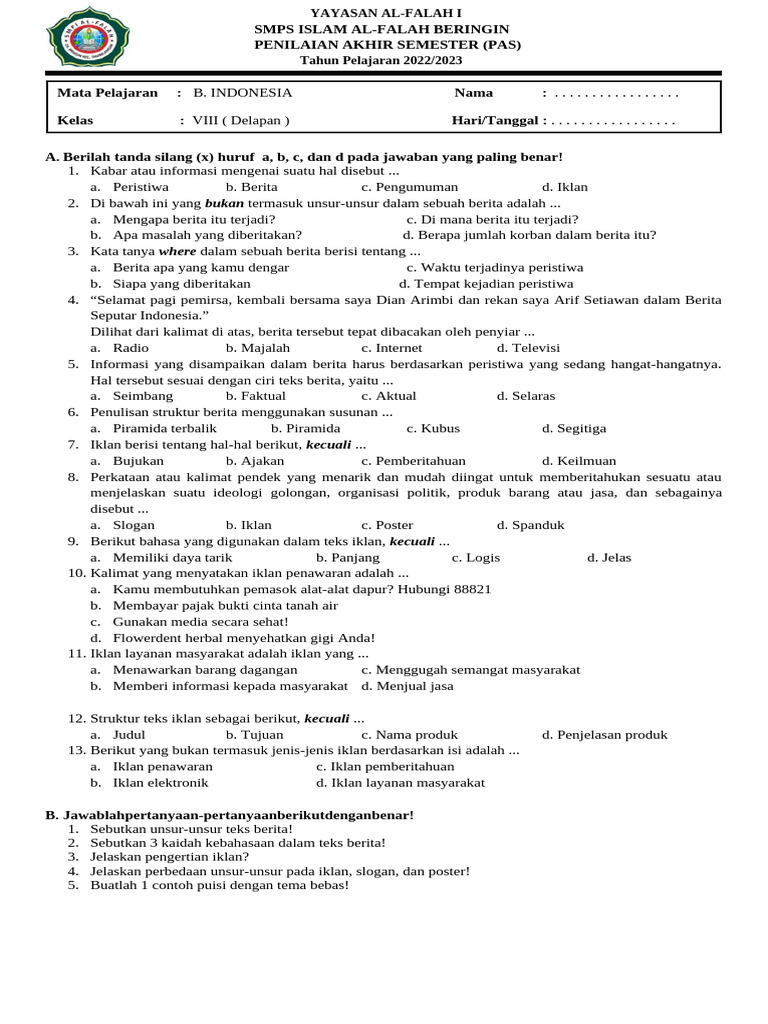 SOAL PAS B. indonesia KELAS IX GANJIL | PDF