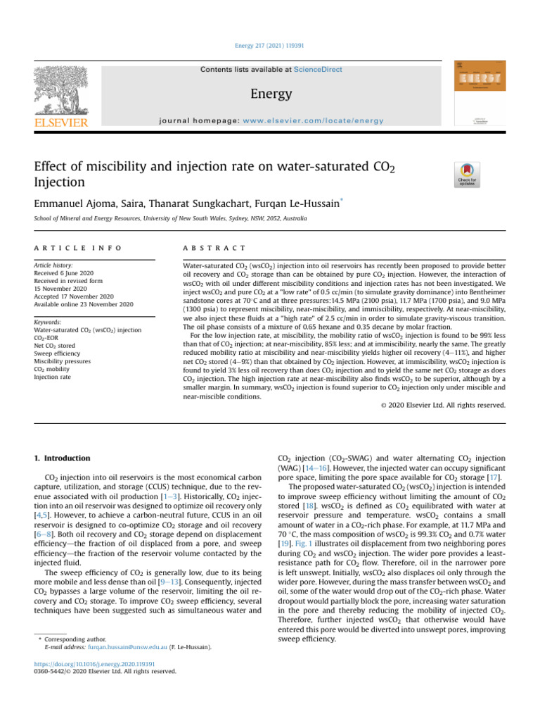 Effect Of Miscibility And Injection Rate On Water Saturated Co2