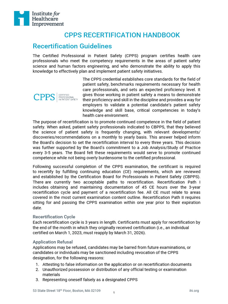 CPPS Recertification Handbook 2023 | PDF | Patient Safety | System