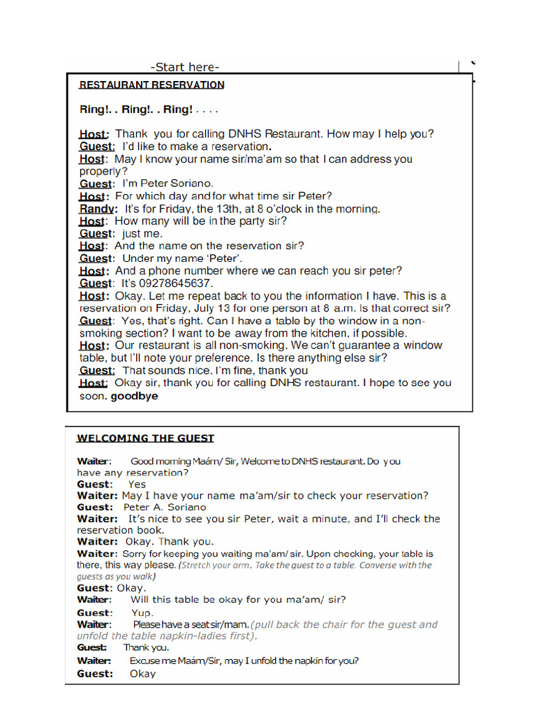 Dialogue For Welcoming Greeting Guest and Taking Food Orders | PDF