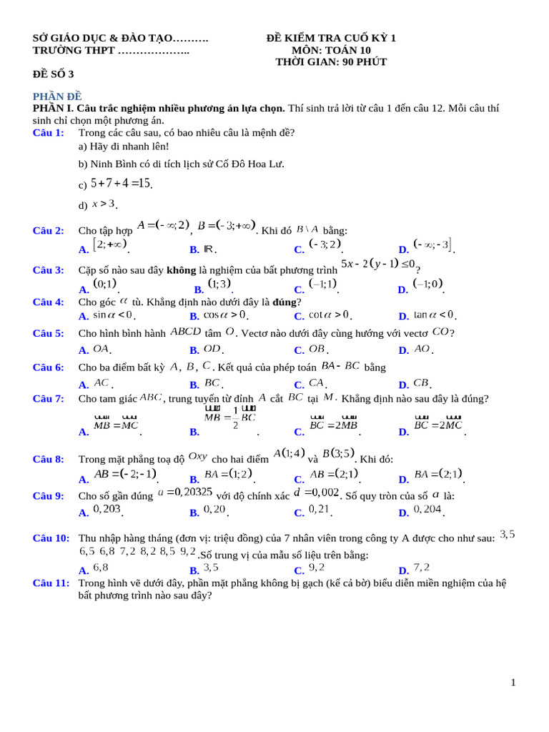 ĐỀ SỐ 3-KT CUỐI KÌ 1-TOÁN 10 | PDF