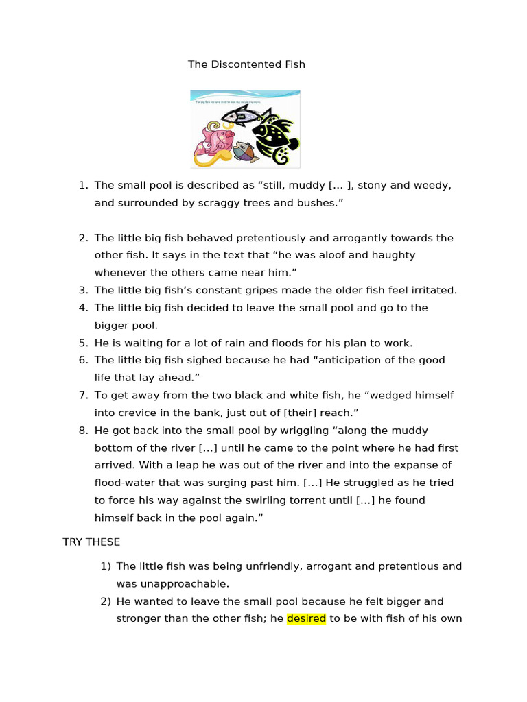 ANSWER KEY The Discontented Fish - Comprehension Questions | PDF