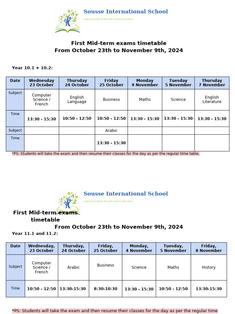 First Midterm Exams Schedules 2024-2025 | PDF