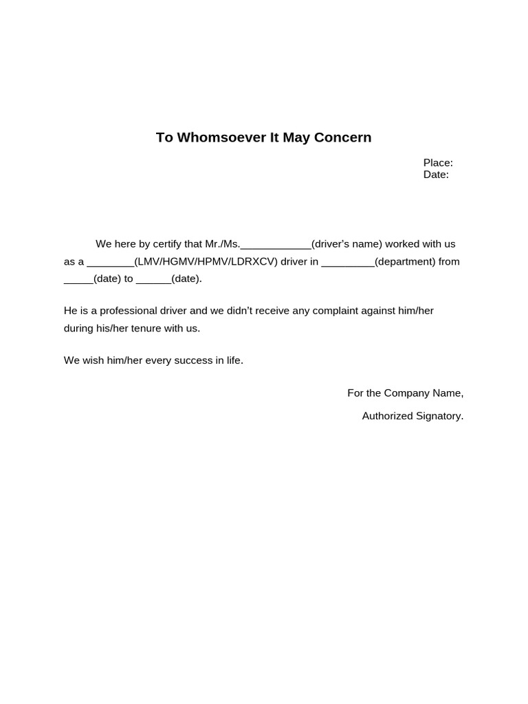 Driver Experience Certificate Format 2 | PDF