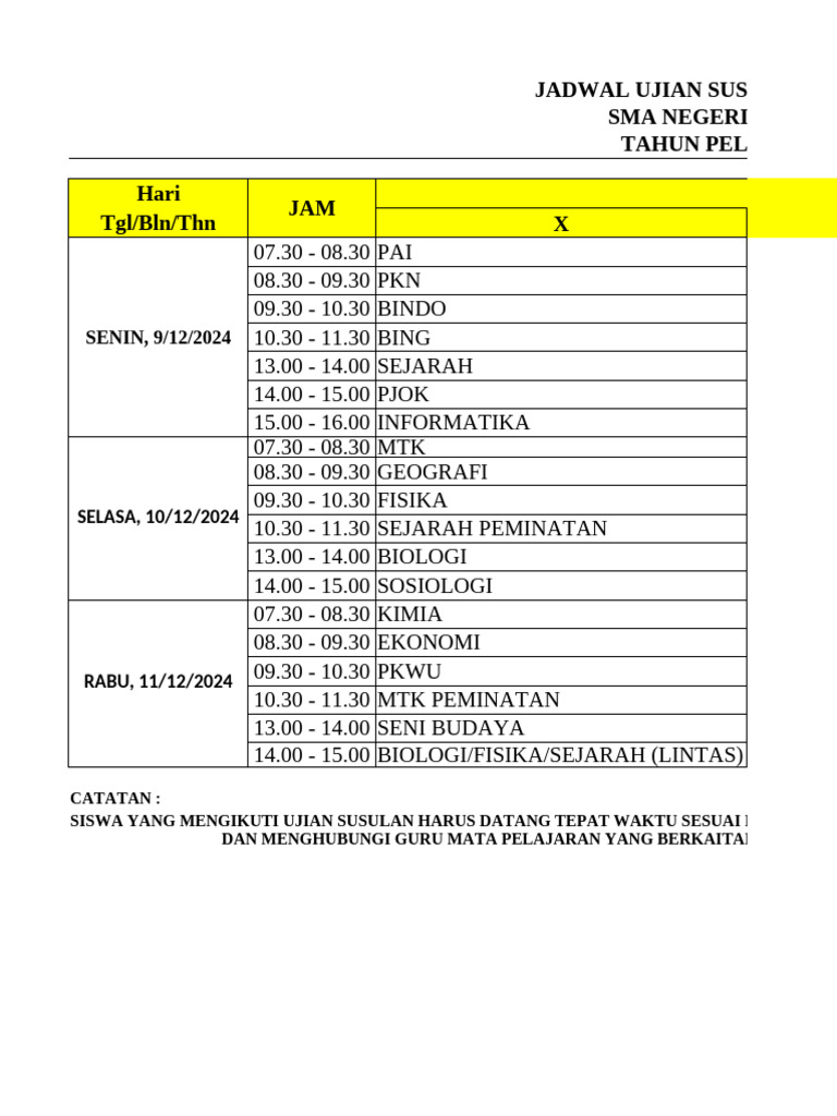 Jadwal Ujian Susulan Semester Ganjil 2024 | PDF