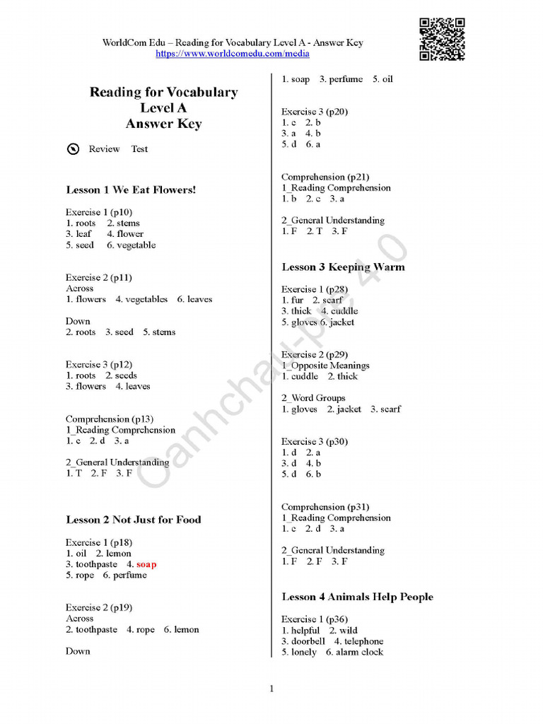 ReadingForVocabularyA AnswerKey Oki | PDF
