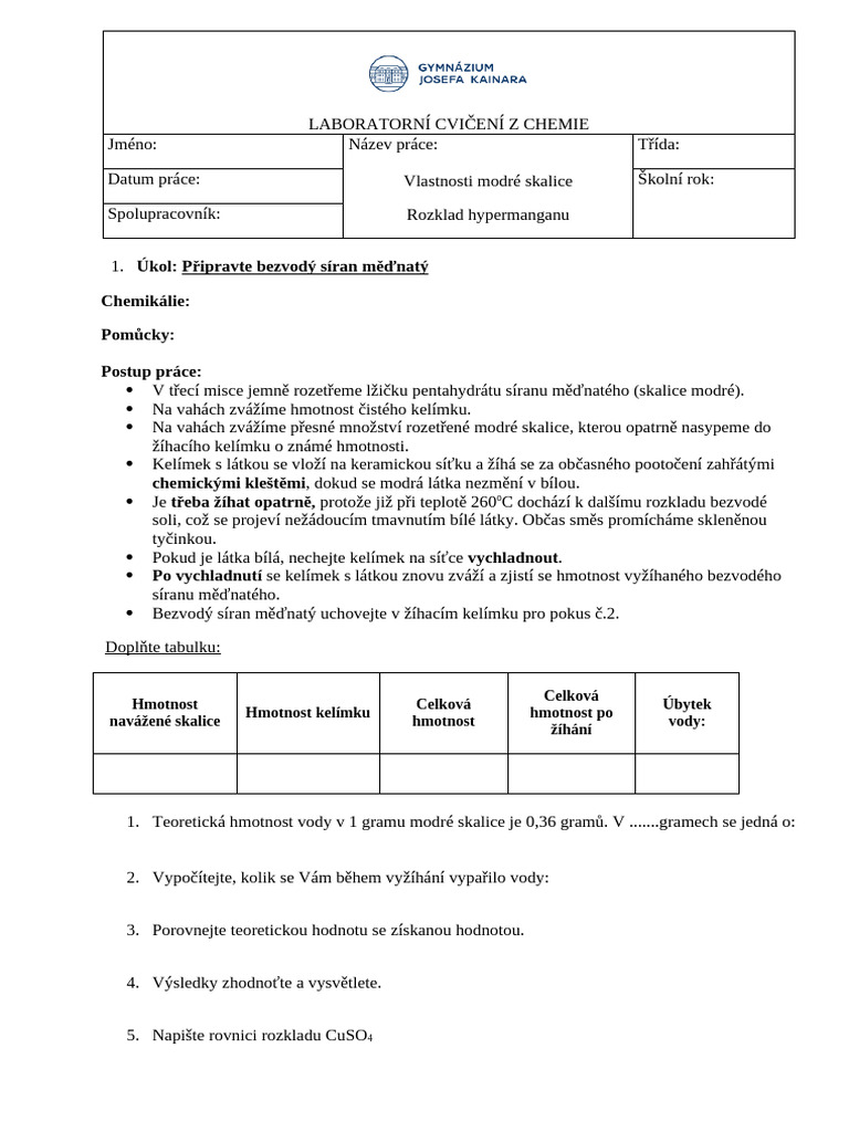 Laboratorní Práce (Modrá Skalice A Hypermangan) | PDF