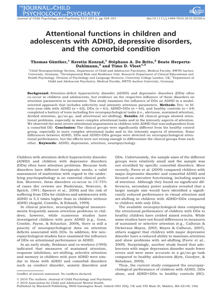 Attentional Functions in Children and Adolescents With ADHD, Depressive Disorders, and The ...