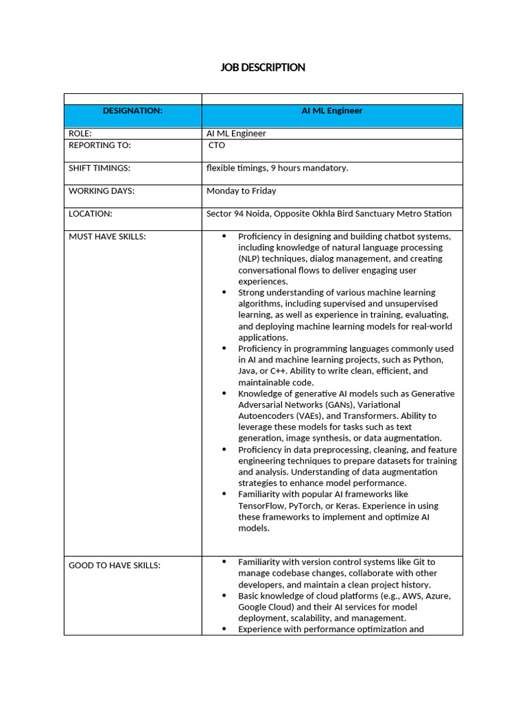 AI ML Engineer Job Description | PDF | Machine Learning | Artificial ...