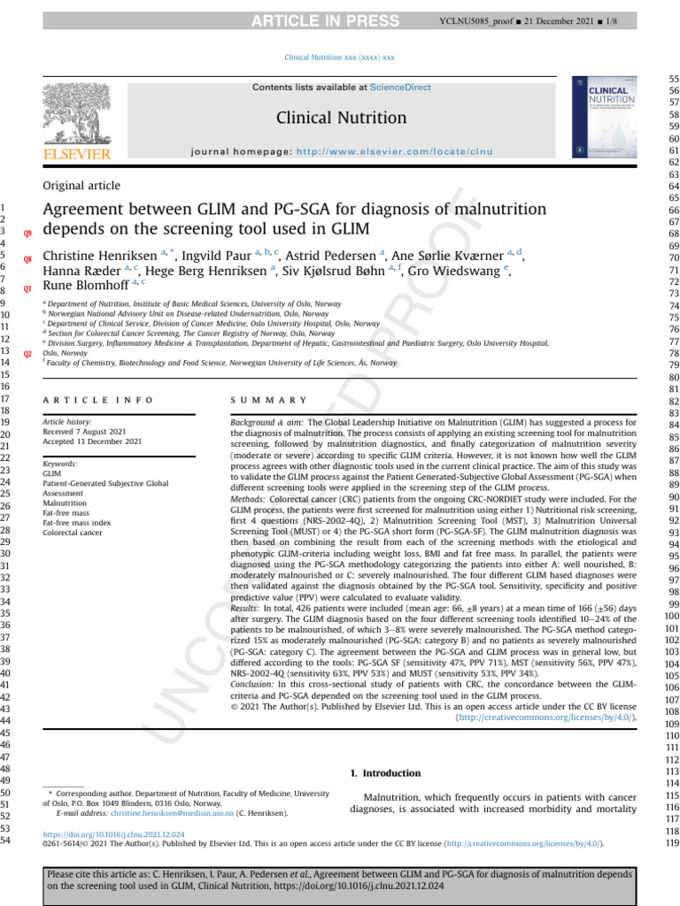 2024 Agreement Between GLIM and PG-SGA For Diagnosis of Malnutrition ...