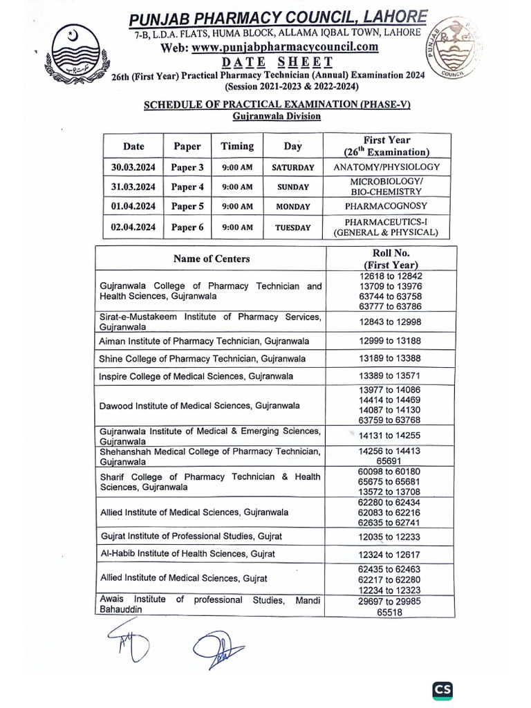 Revised Practical Date Sheet Phase-5 Gujranwala Division | PDF