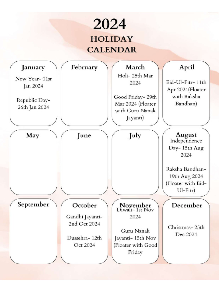 HOLIDAY CALENDAR 2024 | PDF
