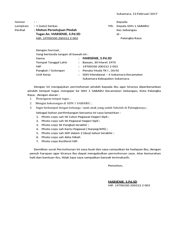 Surat Pemohon Persetujuan Pindah | PDF