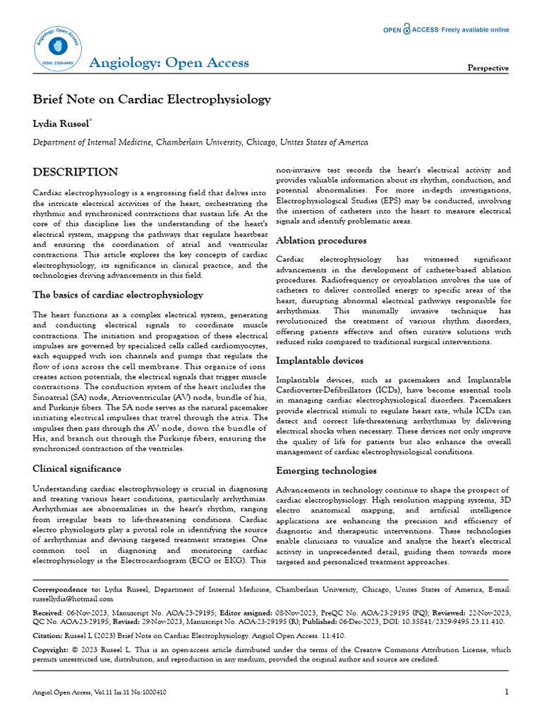 Brief Note On Cardiac Electrophysiology | PDF | Heart | Electrocardiography