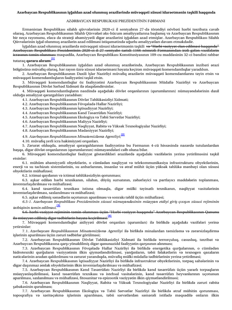 Az Rbaycan Respublikasının I Aldan Azad Olunmu Razil Rind Müv QQ Ti Xüsusi Idar Etm Nin T Kili ...