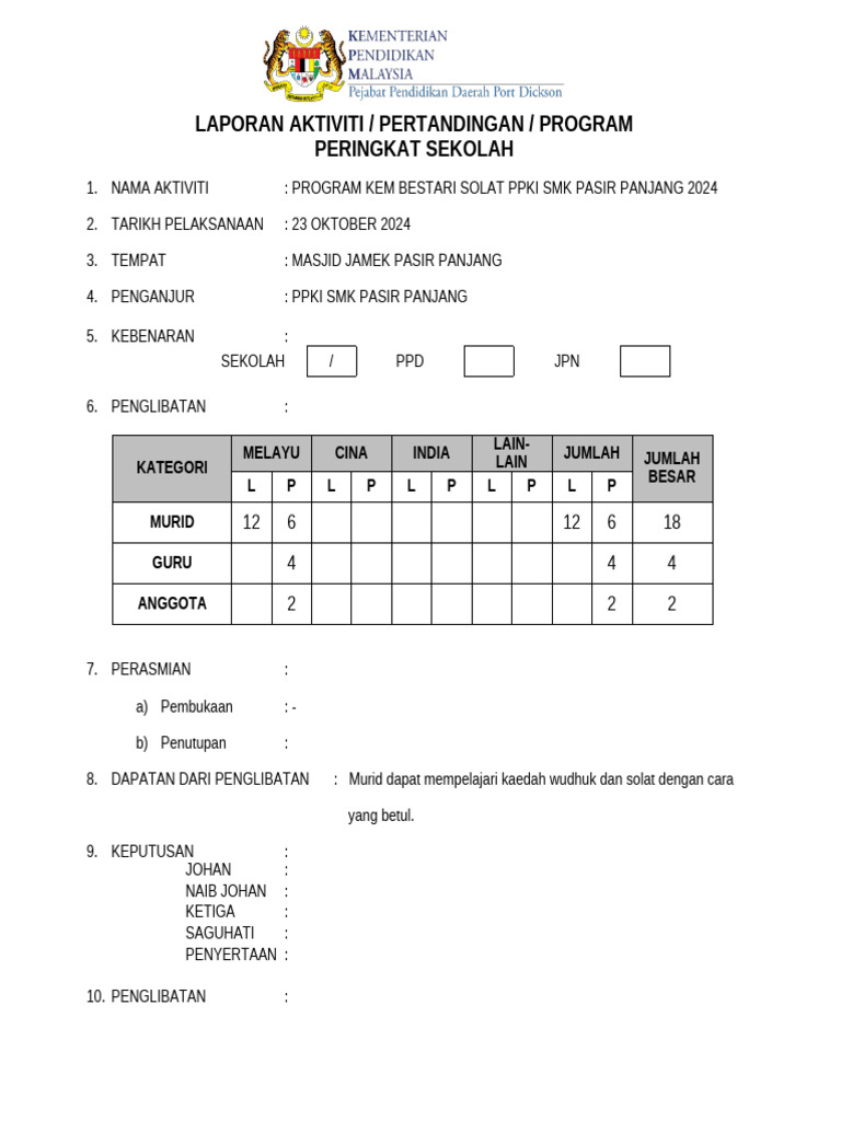 Laporan Proram Kem Bestari Solat 2024 | PDF