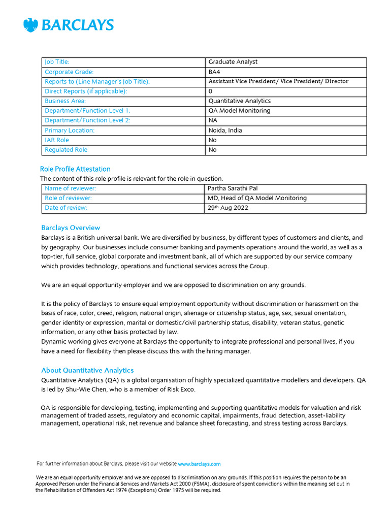 Barclays - QA Model Monitoring - Role Profile - BA4 | PDF | Risk | Business