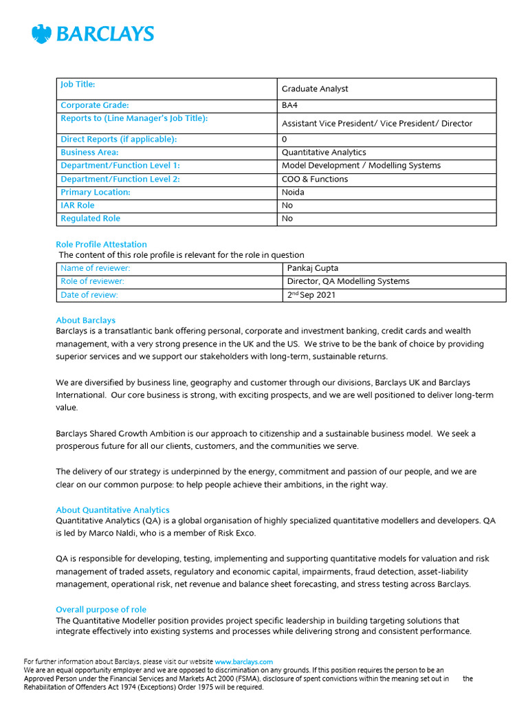 Barclays - QA - Modelling - Role Profile - BA4 | PDF | Statistics | Analytics