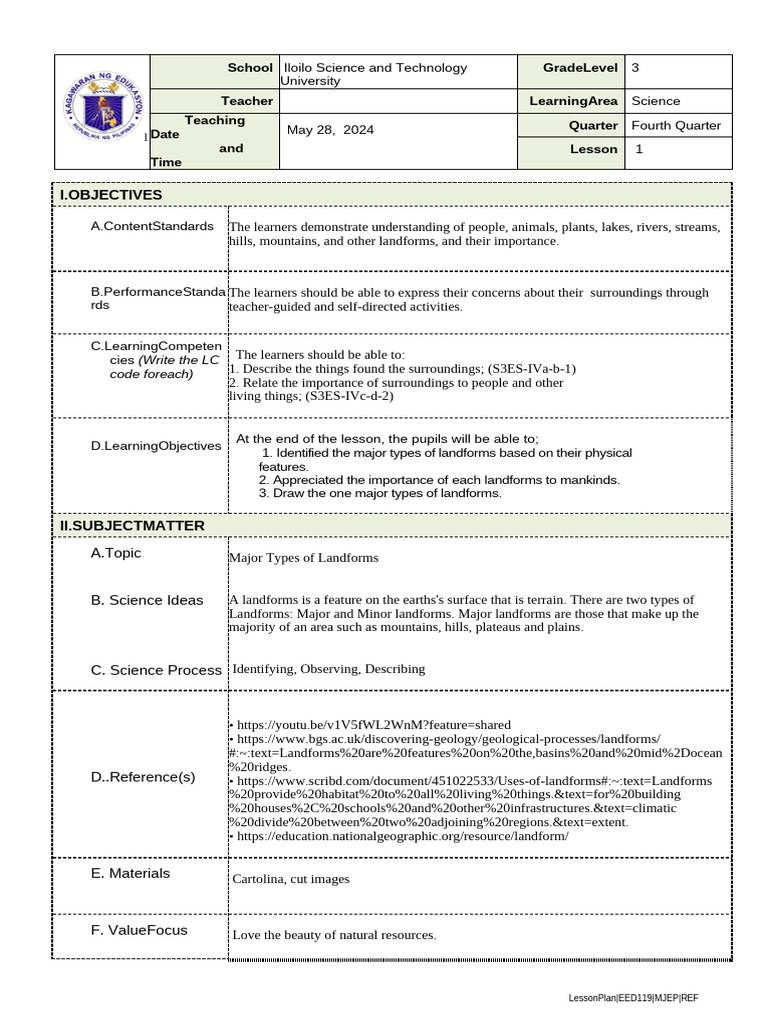 Grade 3 Science Lesson on Landforms | PDF | Mountains | Plateau