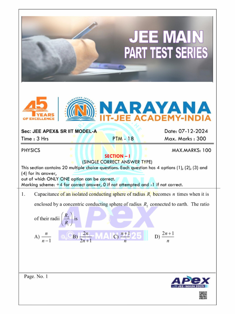 07-12-2024 - SR IIT - JEE APEX - Jee Main MODEL - PTM-18 - QP FINAL | PDF