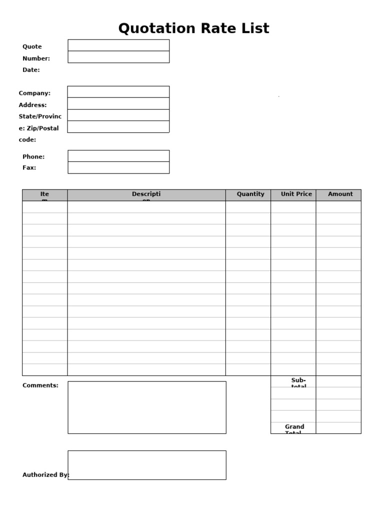 Quotation Rate List Template | PDF